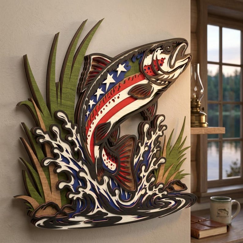 Trout Fish SVG Laser Cut File, Patriotic Fishing Wall Art, Multilayer ...