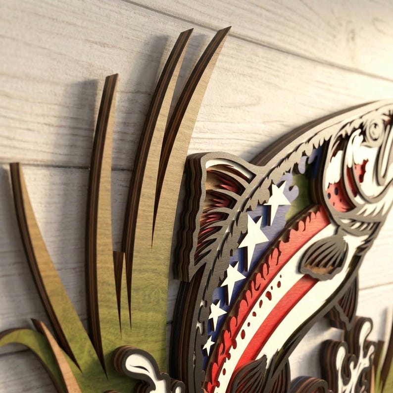 Trout Fish SVG Laser Cut File, Patriotic Fishing Wall Art, Multilayer ...
