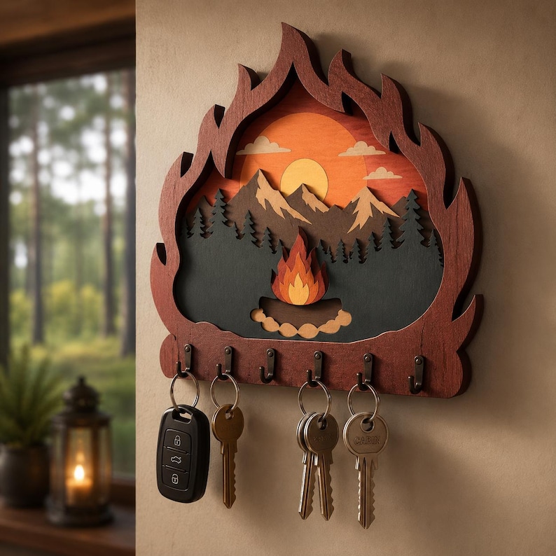 Campfire Key Holder SVG, Mountain Forest Wall Organizer, Rustic Cabin ...