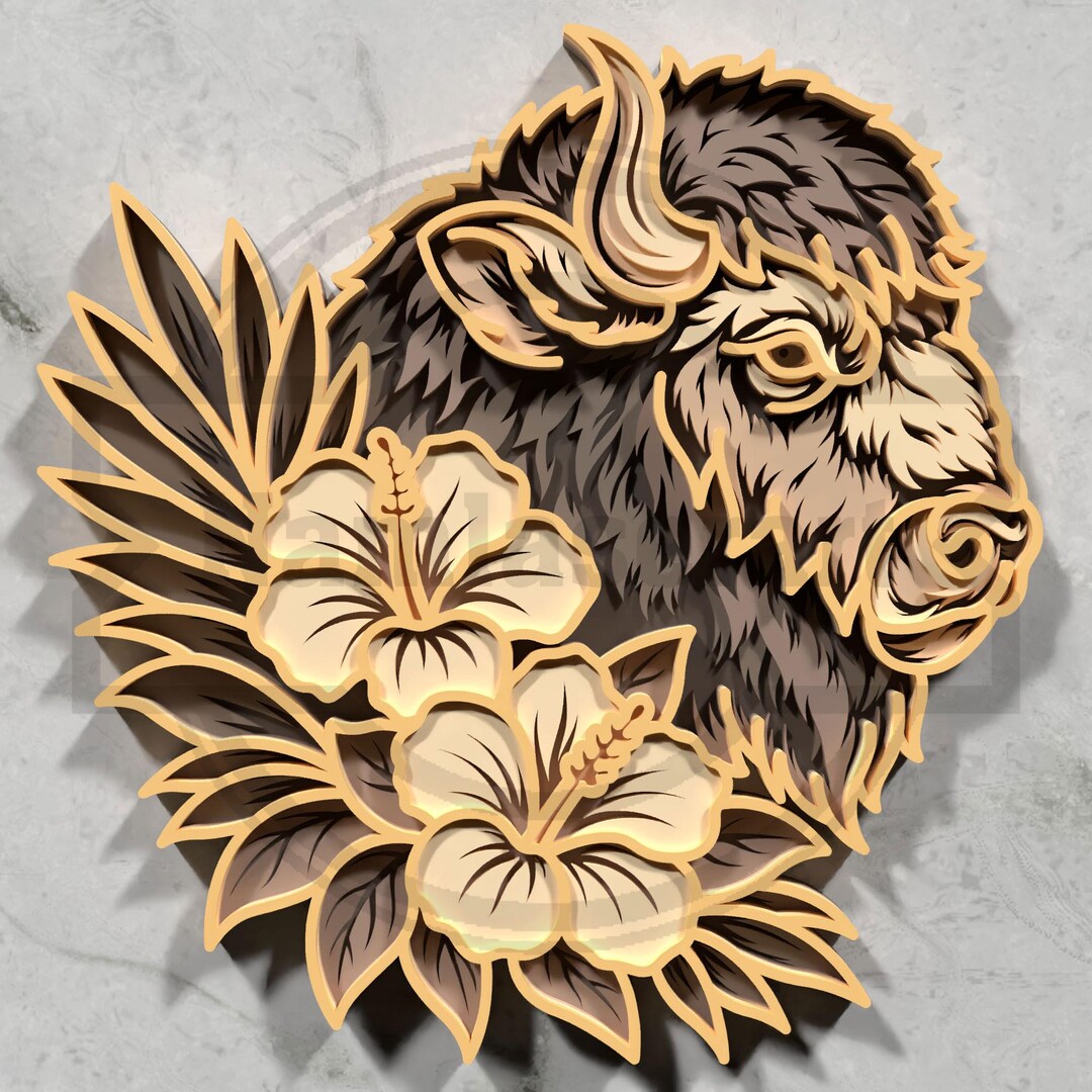 Layered Buffalo SVG, Bison Floral Laser Cut File, Western Wall Art ...