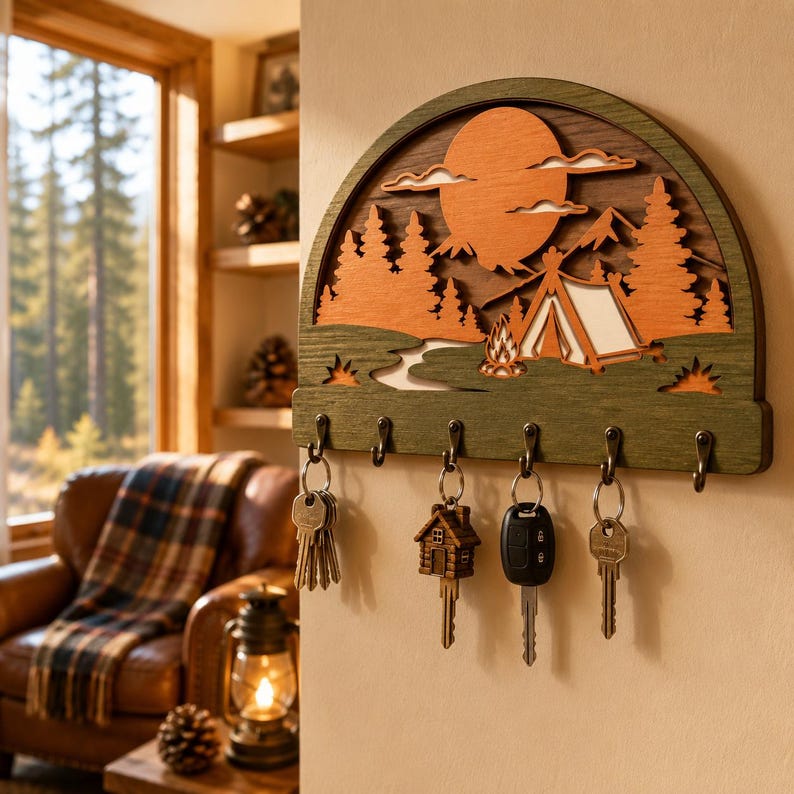 Camping Key Holder Laser Cut File, Mountain Forest Wall Organizer ...
