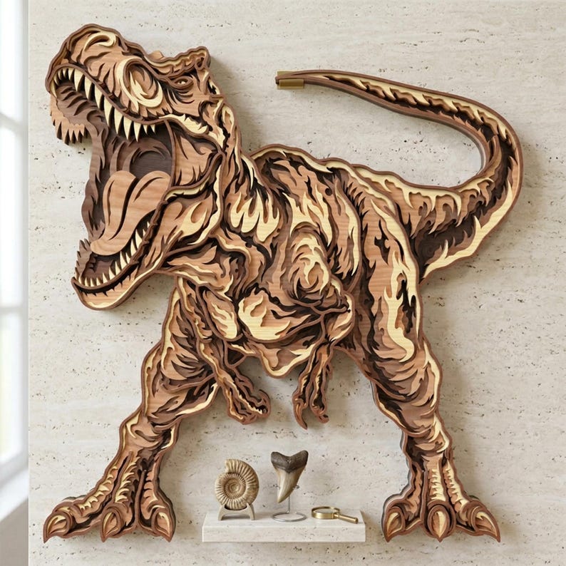 T-rex Multilayer Laser Cut Wall Art, Roaring Dinosaur Wood Decor ...