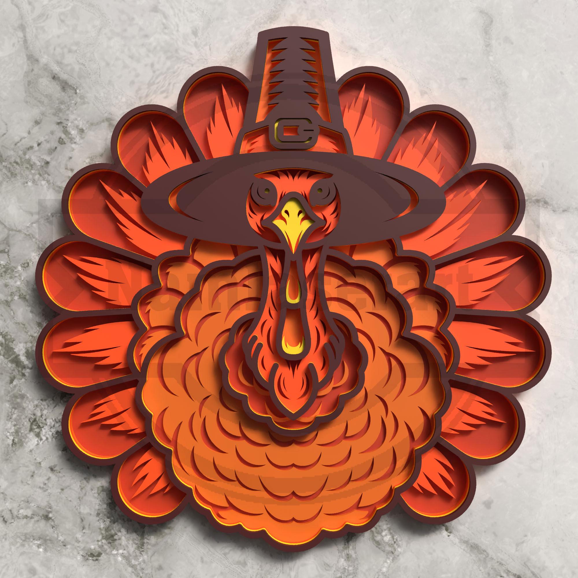 3D Layered Turkey SVG - Pilgrim Hat Thanksgiving Decor Laser Cut File ...