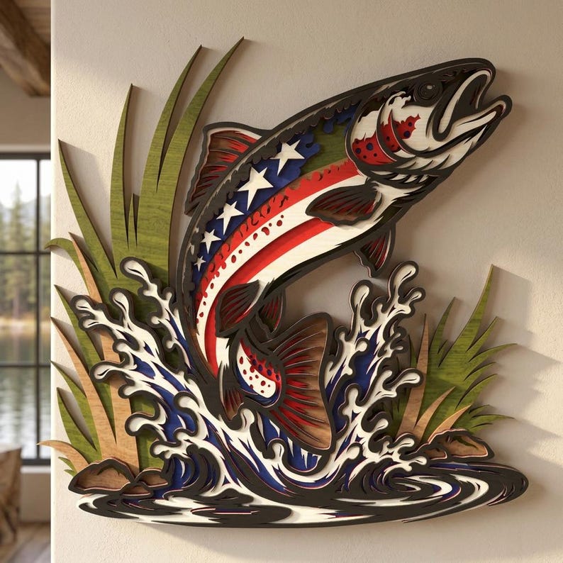 Trout Fish SVG Laser Cut File, Patriotic Fishing Wall Art, Multilayer ...