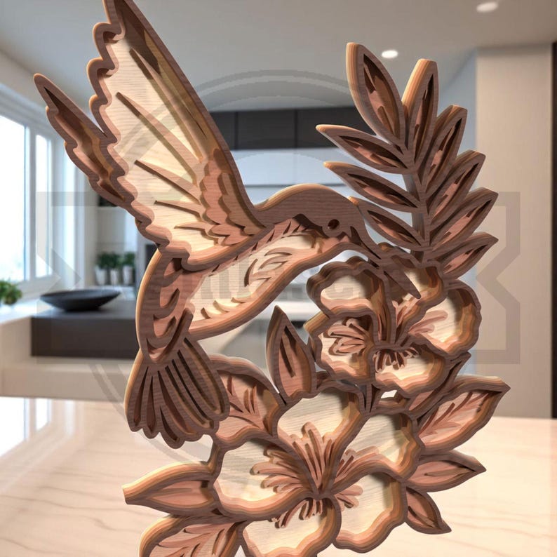 Archivo SVG de colibrí en capas 3D - Diseño floral cortado a láser ...