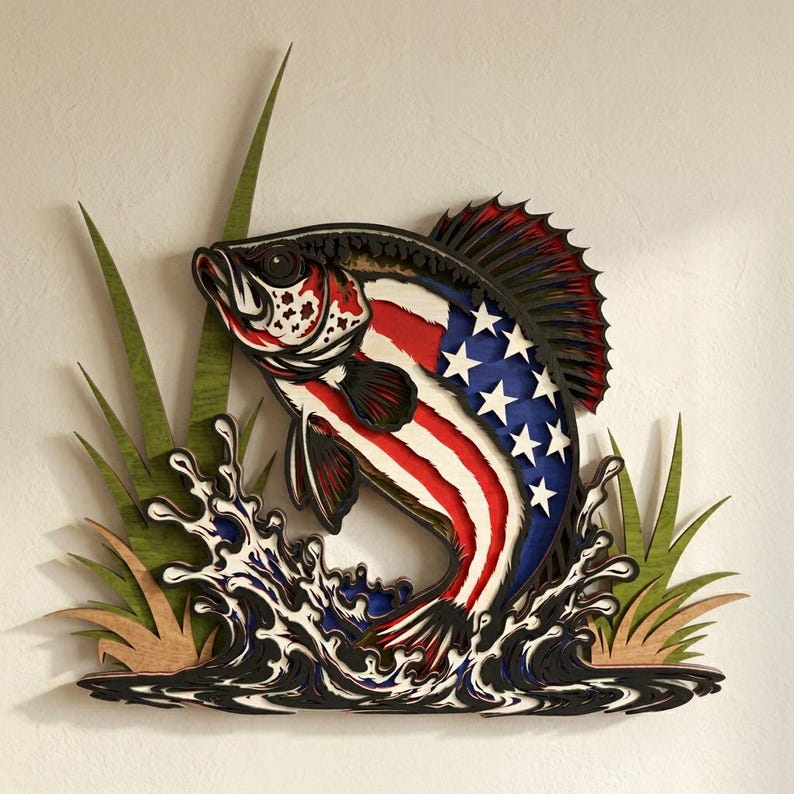 Largemouth Bass Fish SVG Laser Cut File, Patriotic Fishing Wall Art ...