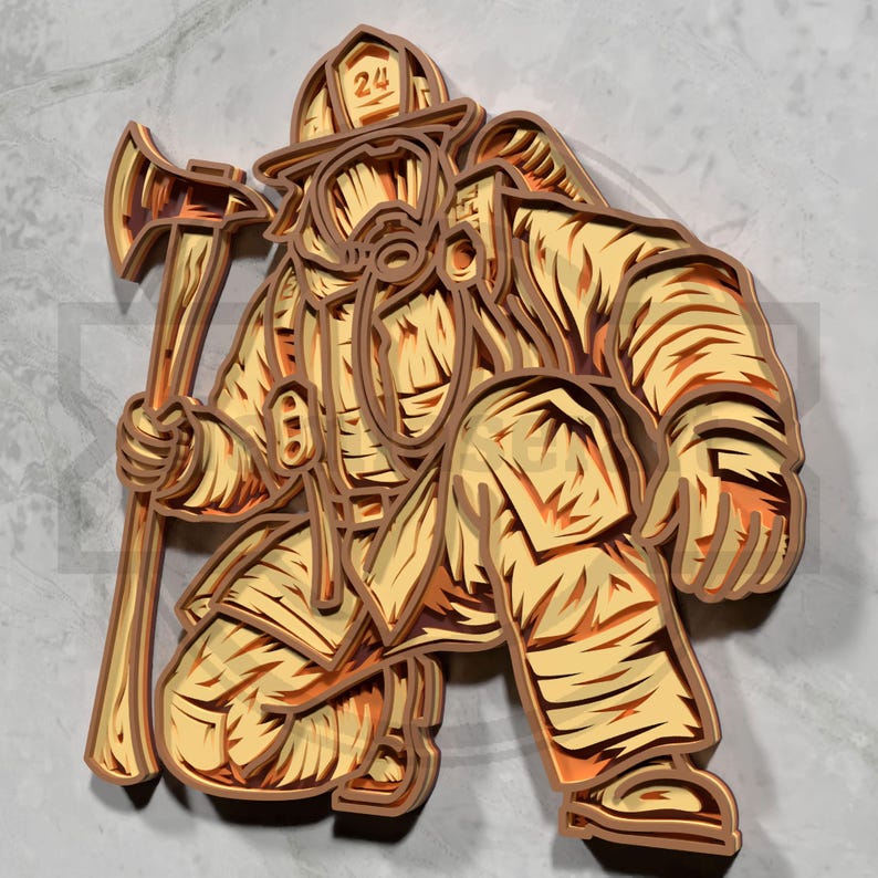 3D Layered Firefighter SVG, Kneeling Hero Axe Design, Laser Cut Decor ...