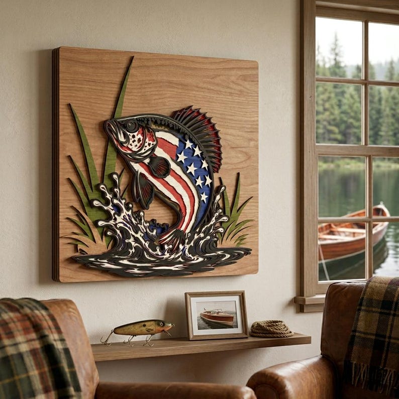 Largemouth Bass Fish SVG Laser Cut File, Patriotic Fishing Wall Art ...
