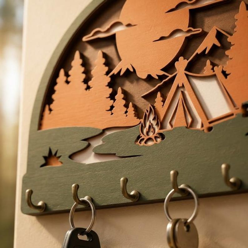 Camping Key Holder Laser Cut File, Mountain Forest Wall Organizer ...