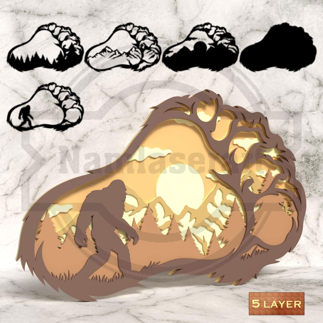 Bigfoot Footprint Layered SVG , – 5 Layer Sasquatch Mountain Scene ...