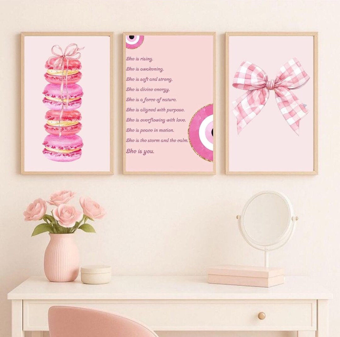 Pink Bow Evil Eye Macarons Wall Art Prints Set of 3 Girls Room Digital ...
