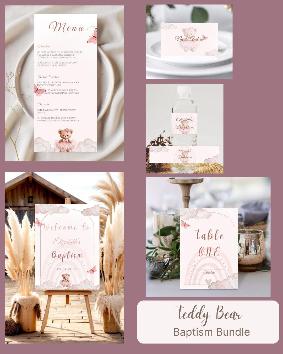 Pink Teddy Bear Baptism Bundle Template,teddy Bear Baptism, Printable ...