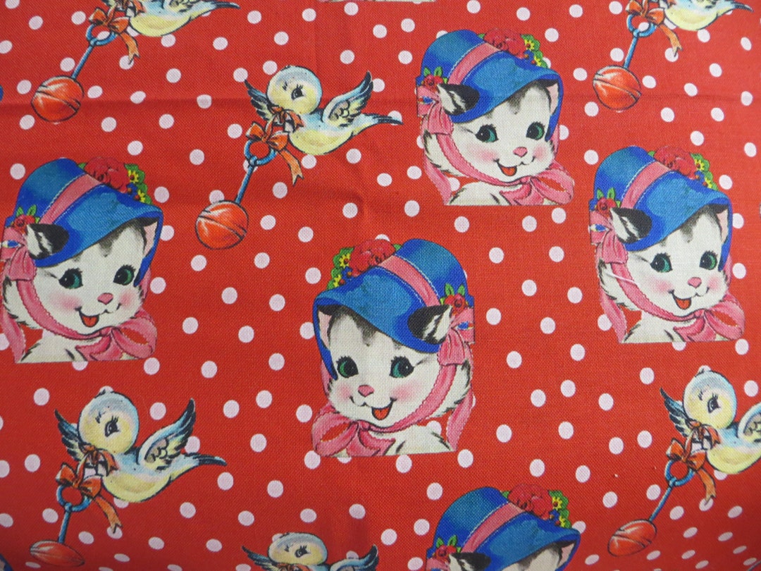 Cotton Fabric-kitsch-kitschy-red Polka Dot Kittens and - Etsy