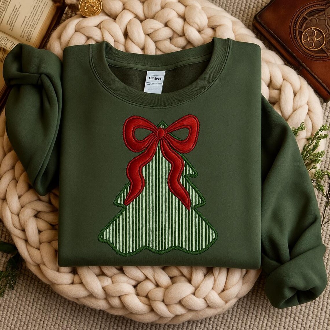 Embroidered Preppy Christmas Tree ,seersucker Satin Red Bow Retro Png ...