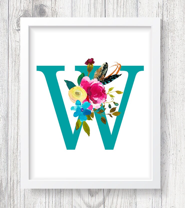 Letter W Digital Print, Monogram Print, Custom Nursery Print, Floral ...