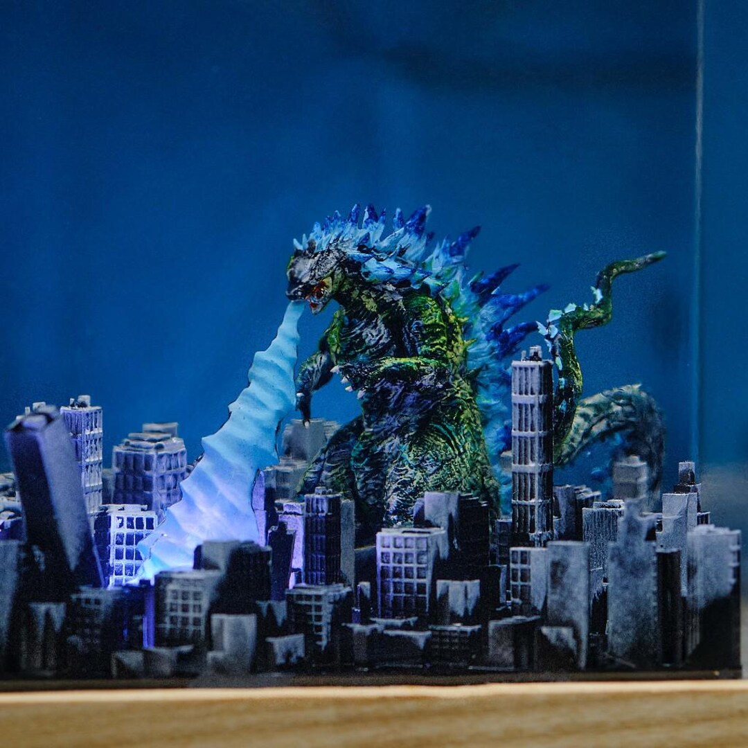 Miniature Godzilla Diorama in Resin Cube | Glowing Kaiju City Scene ...