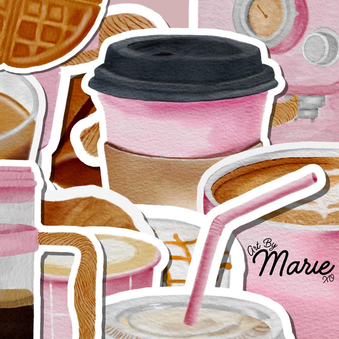 Pink Coffee Sticker Bundle Printable Aesthetic Café Vibes Coffee PNG ...