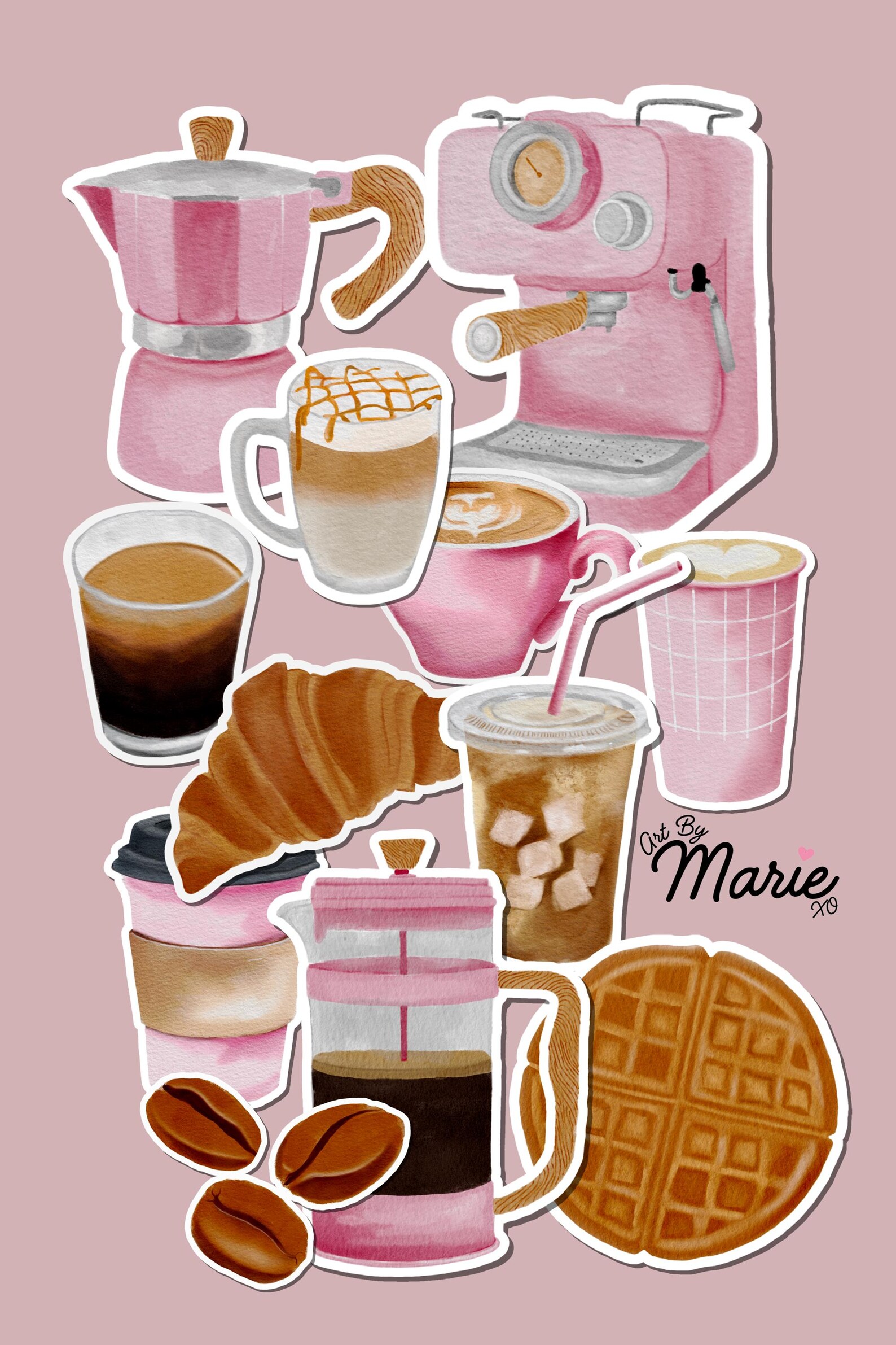 Pink Coffee Sticker Bundle Printable Aesthetic Café Vibes Coffee PNG ...