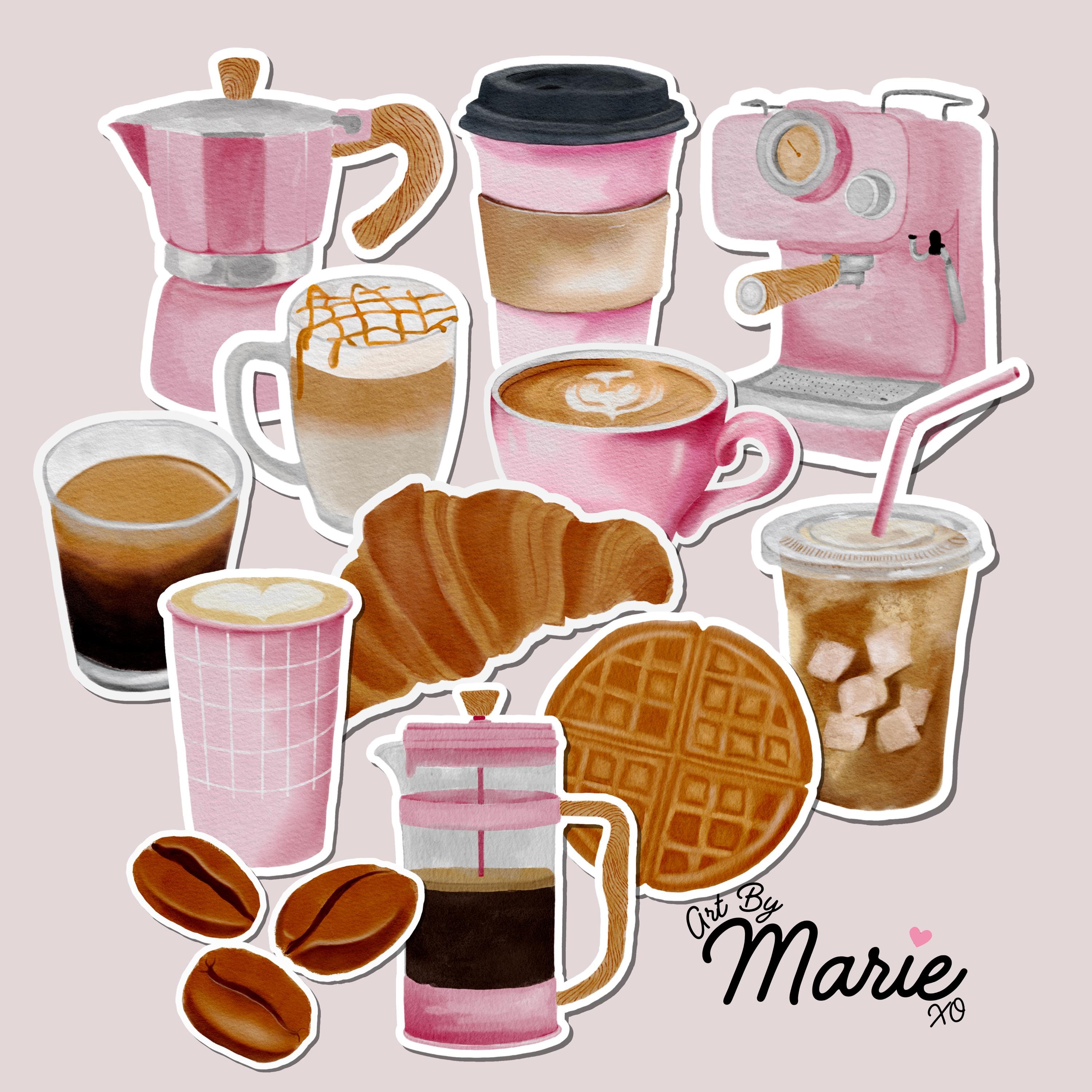 Pink Coffee Sticker Bundle Printable Aesthetic Café Vibes Coffee PNG ...