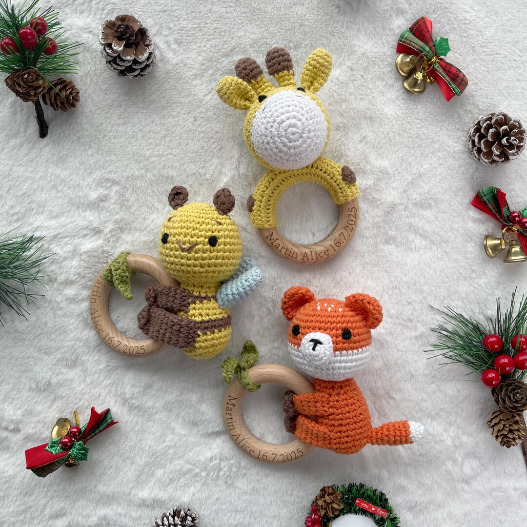 Personalized Handmade Crochet Wooden Baby Rattle Ring · Custom Engraved ...