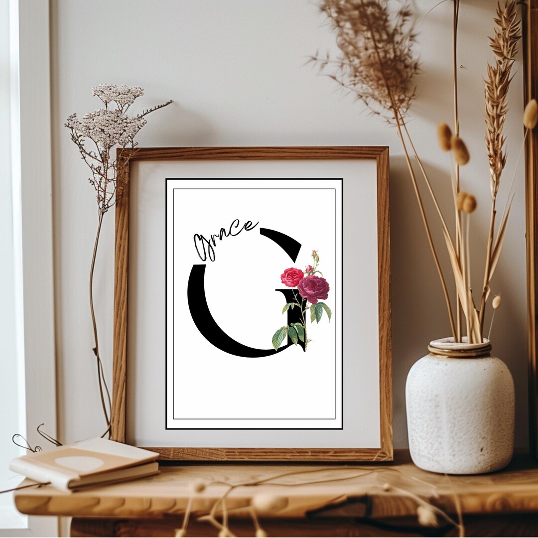 Personalized Name & Rose Initial Print: Custom Nursery Art (digital ...