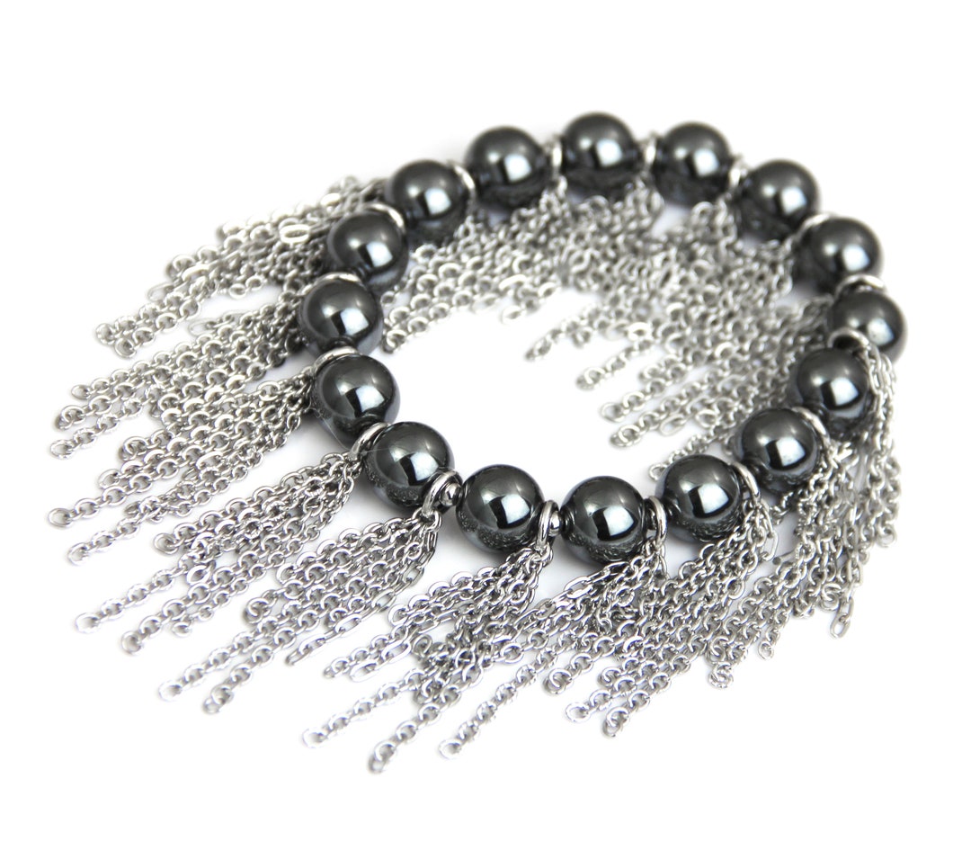 Midi Fringe Bracelet - Metallic Dark Gray Hematite Stone Silver or Gold ...