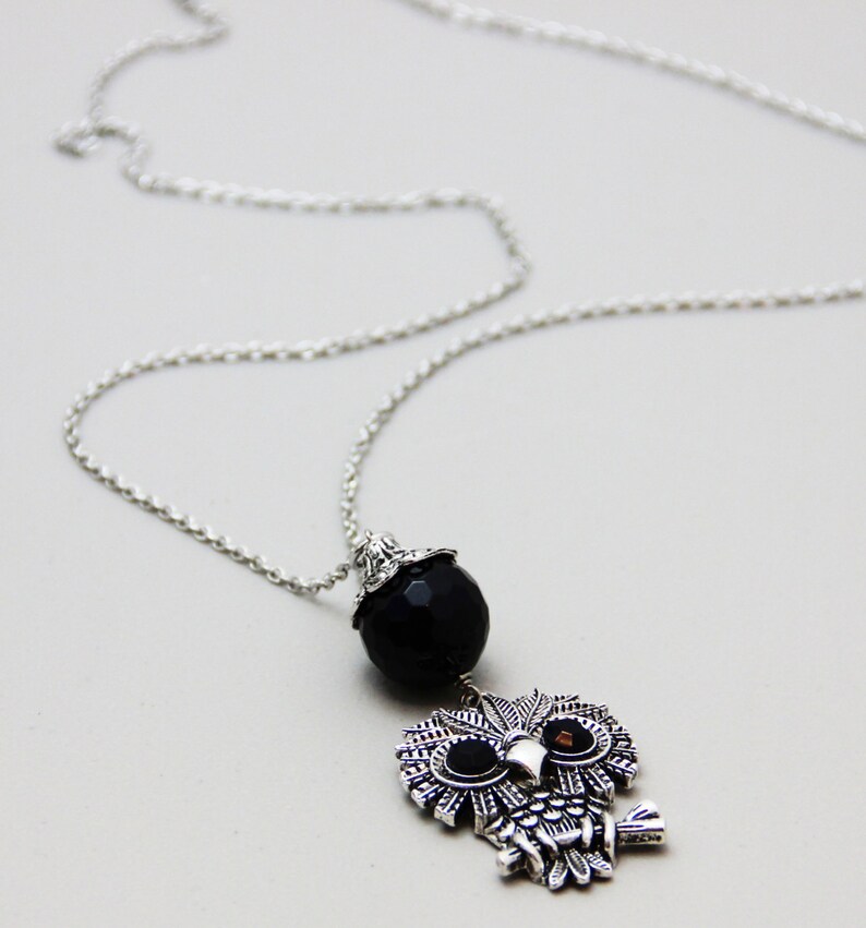 Night Watcher - Big Silver Owl Black Onyx Stone Pendant Long Silver ...