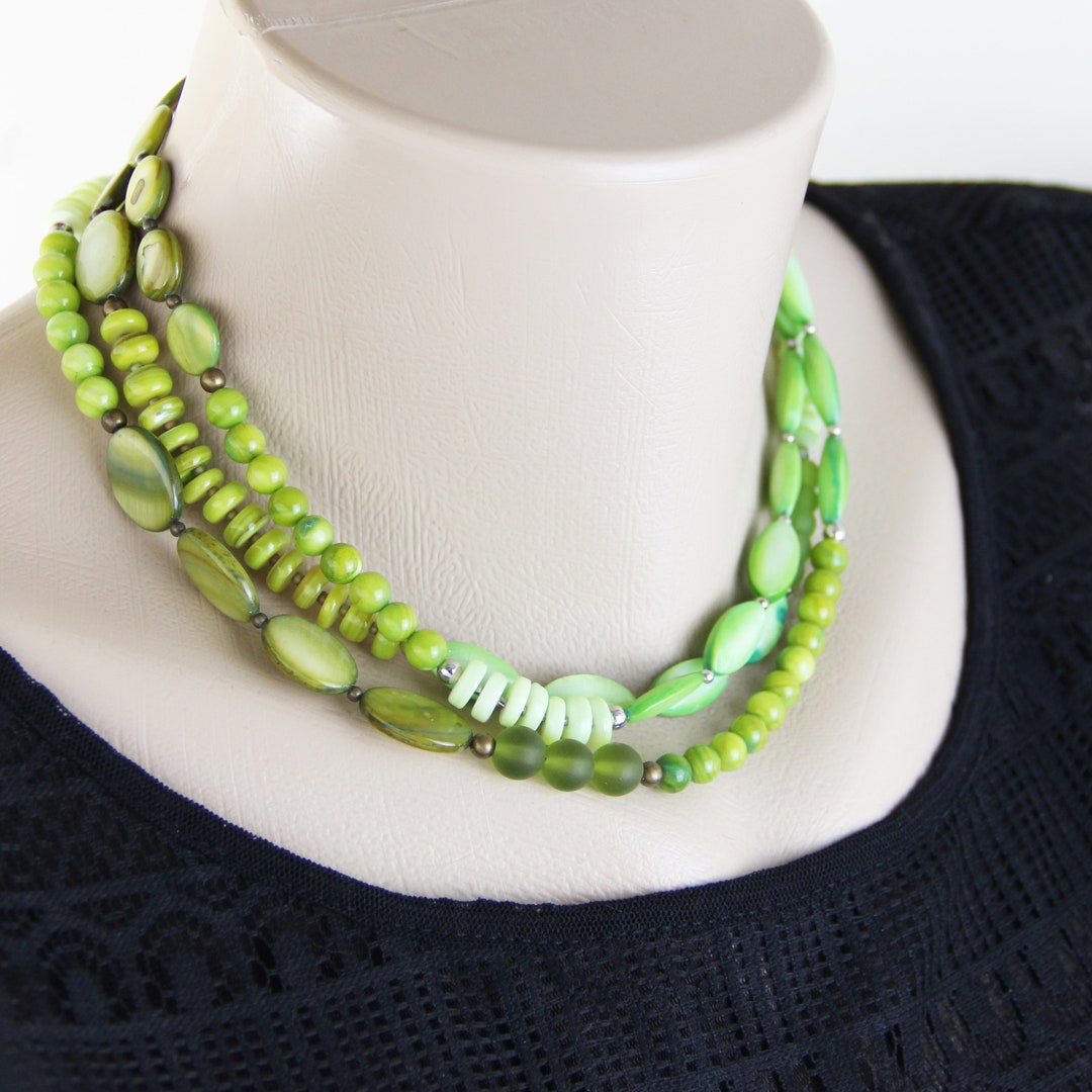 Mixed Green Colorblock Necklace Variegated Lime Green Olive Mixed Metal ...