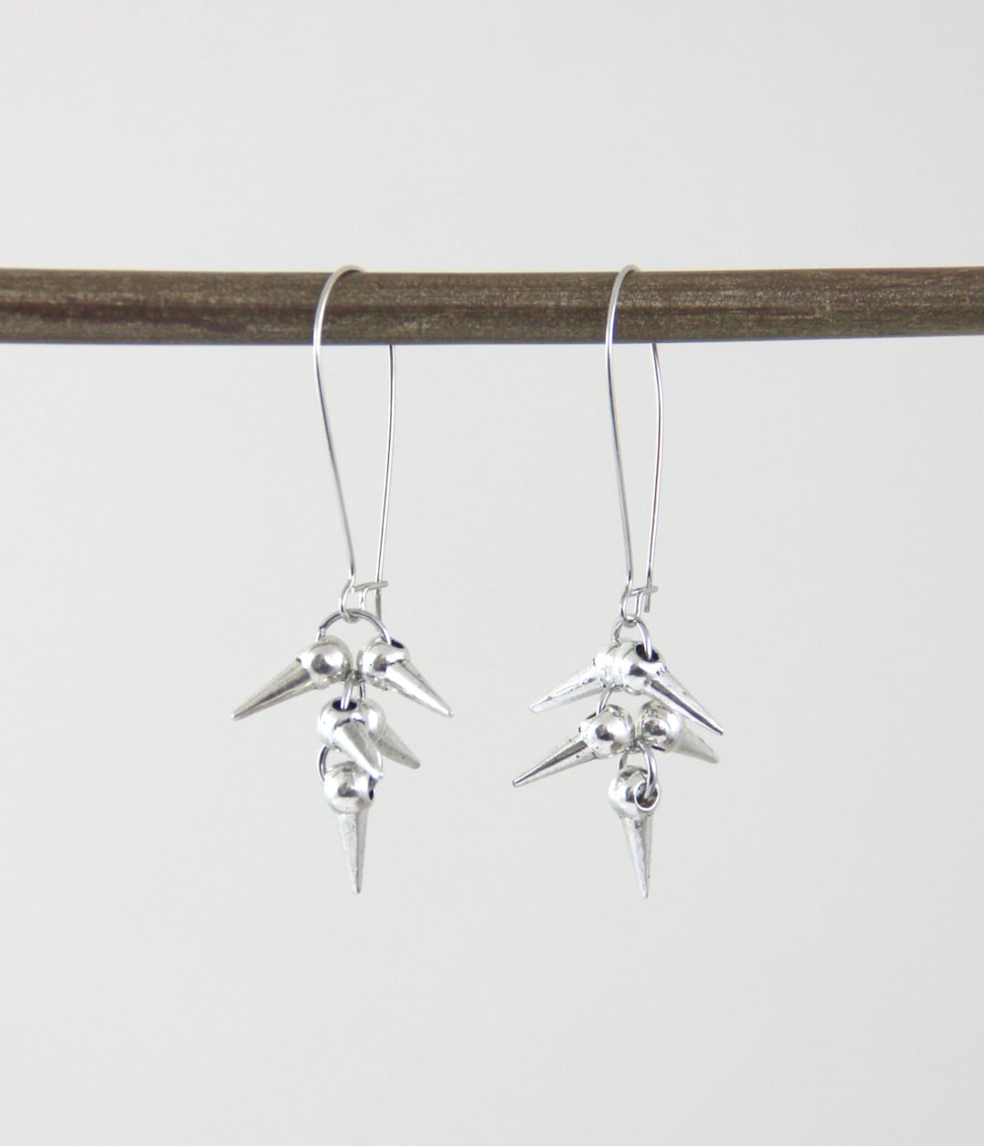 Spike Drops - Metallic Silver Tone Spikes Dangle Drop Earrings Neutral ...