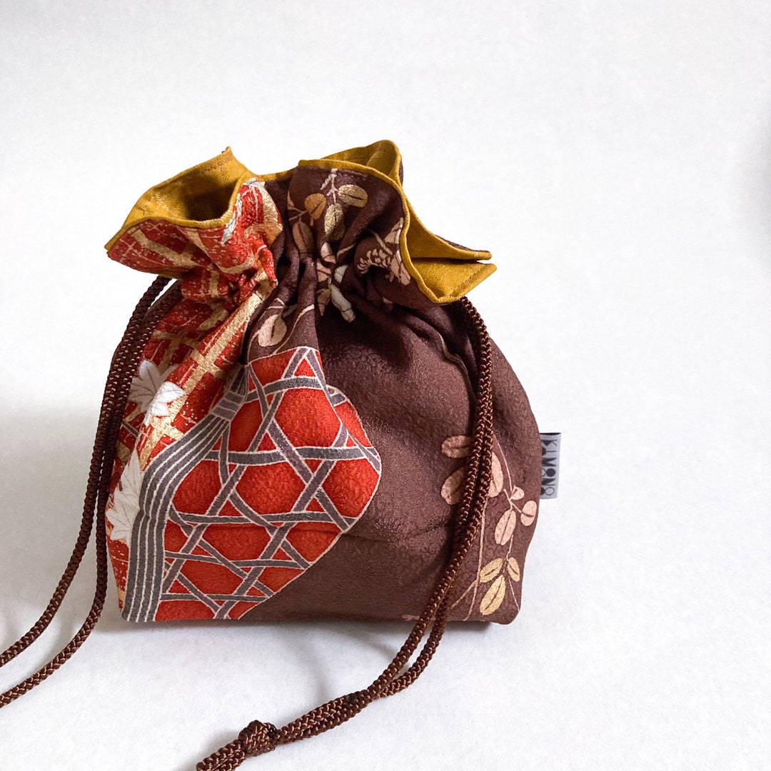 Chocolate Brown Silk Kimono Drawstring Pouch With Mustard Color Cotton ...