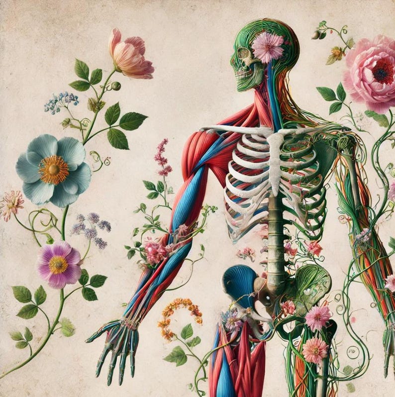 Floral Skeleton Art Print - Anatomical Human Skeleton With Flowers ...
