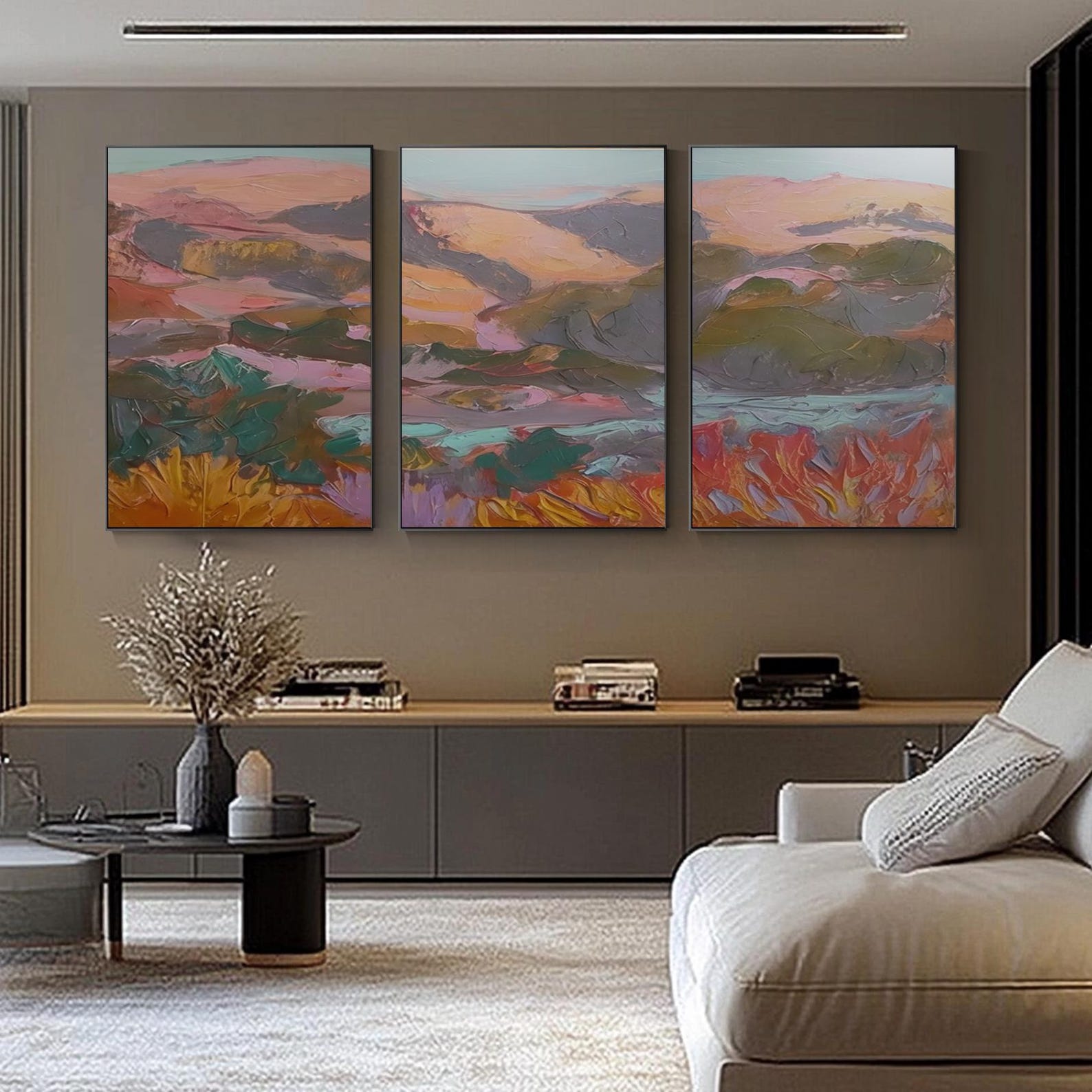 Abstract Mountain Landscape Triptych Oil Painting – Modern Colorful ...
