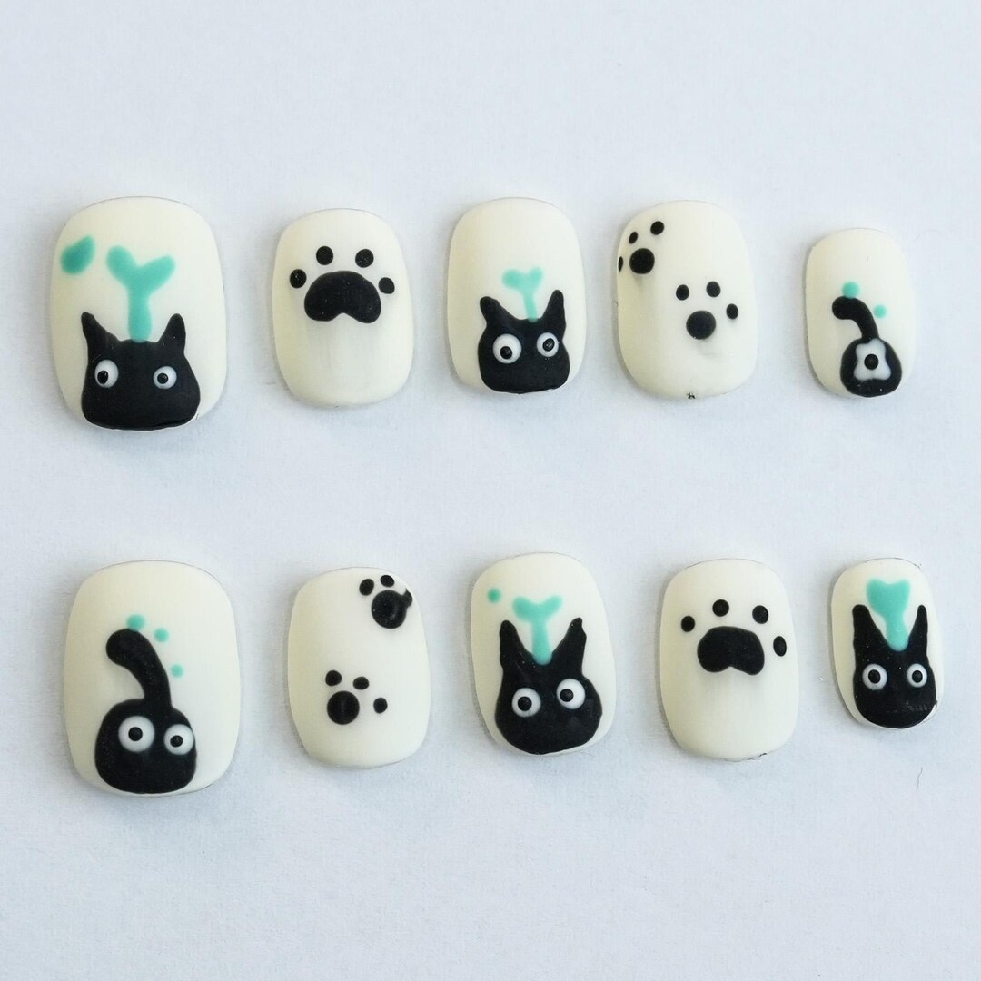 Black Cat Press on Nails – Cute Cat Paw Nail Art, White Short Nails ...