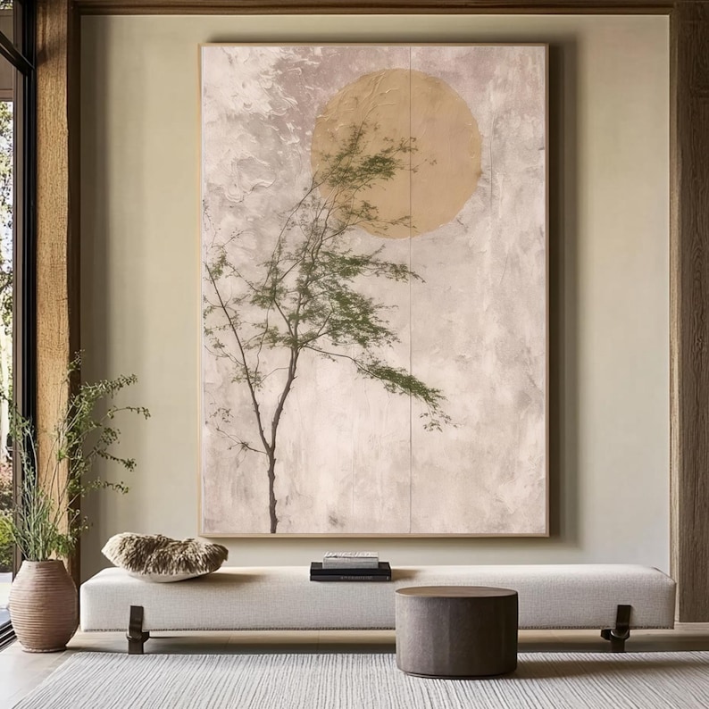 Zen Minimalist Wall Art – Golden Moon and Tree Canvas Oil Painting ...
