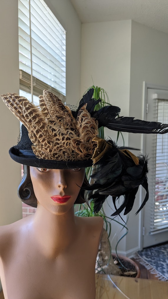 1940s Gothic Aesthetic Feather Velvet Bow Millinery T… - Gem