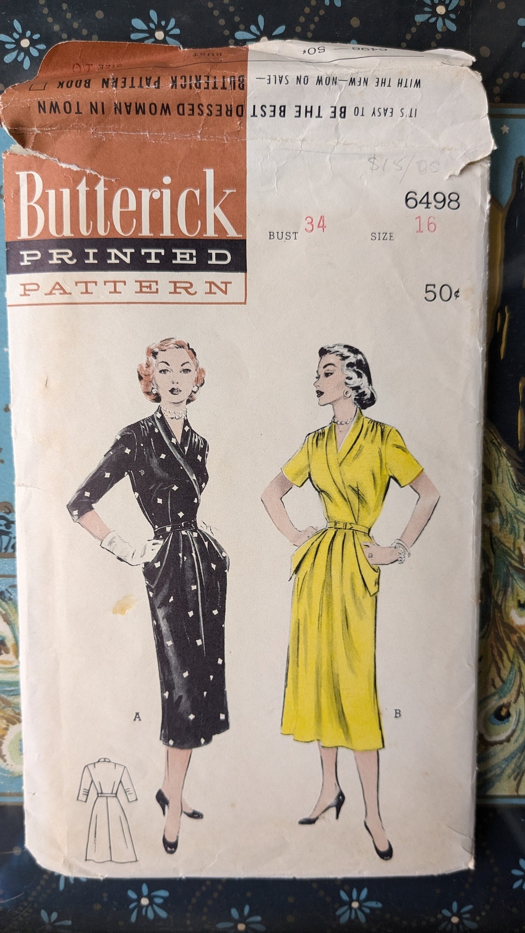 Vintage 1950s Butterick Sewing Pattern 6498 Wrap Dress Fitted Waist ...