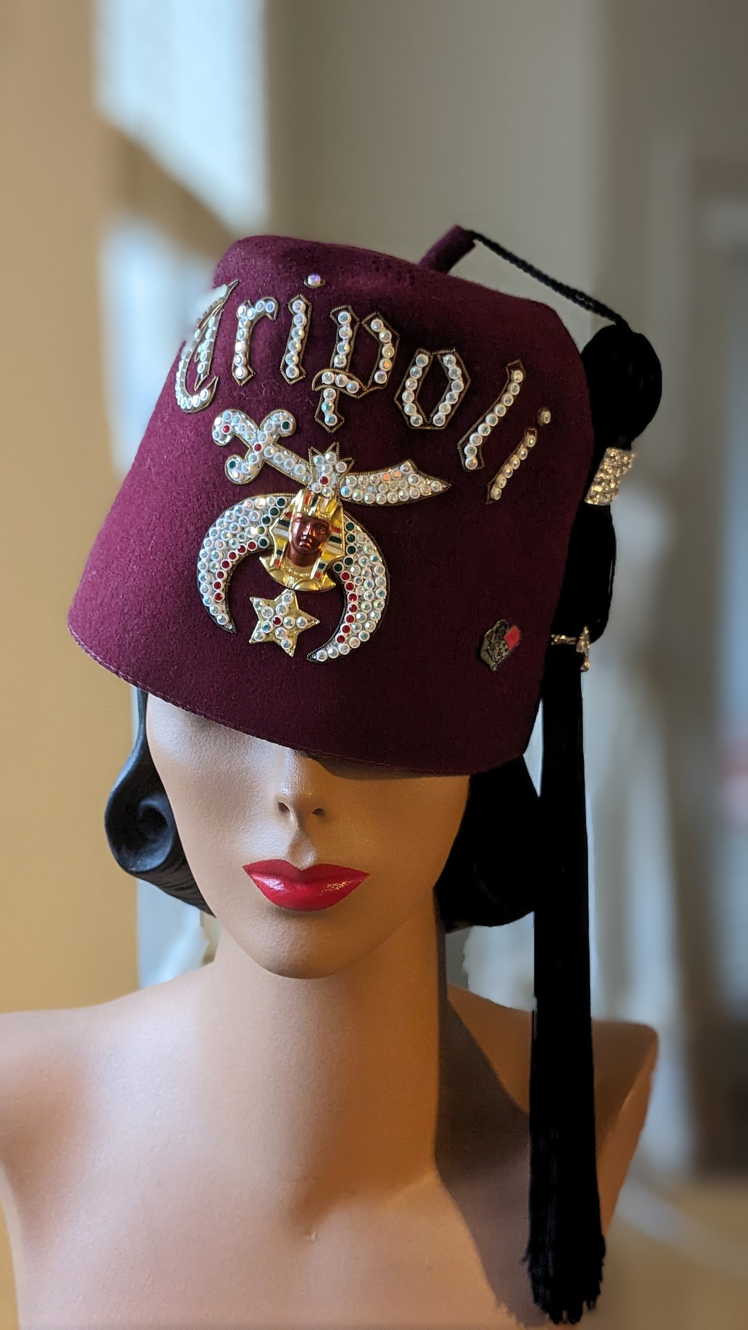 Vintage Bejeweled Shriners Fez Black Tassel Novelty Pin Rhinestones ...