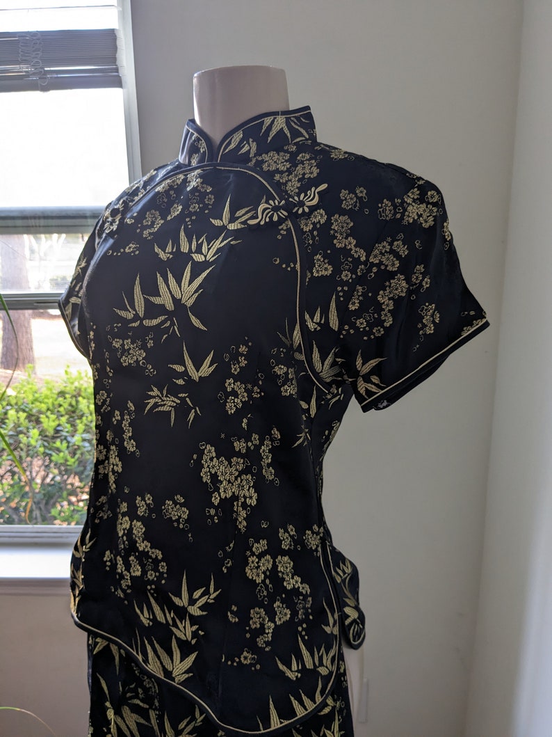 Chinese Style Pajamas Loungewear Black Gold Cherry Blossom Bamboo ...