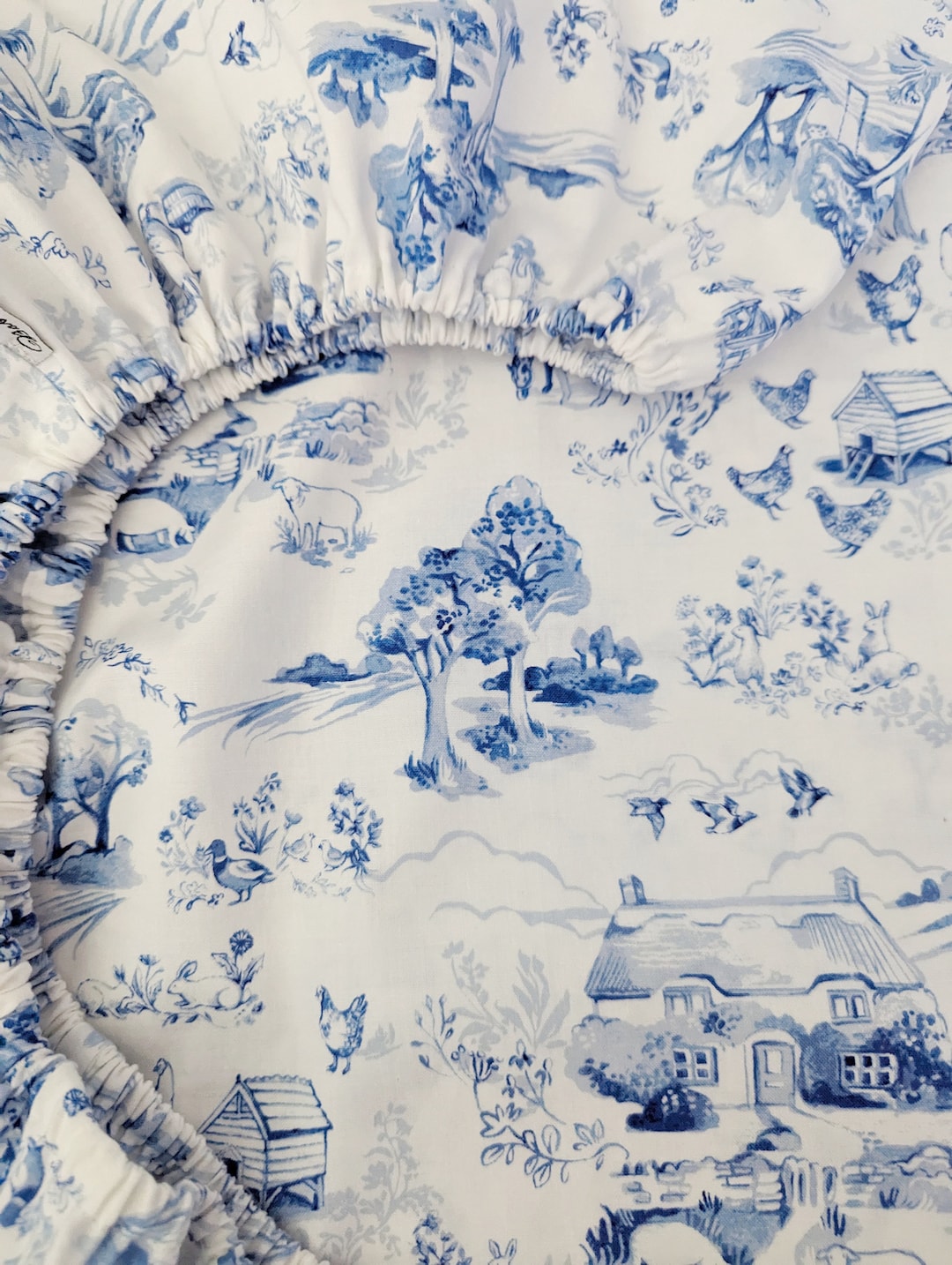 ORGANIC Toile Baby Bedding Ducks Sheep Farm Crib Sheet White Blue ...