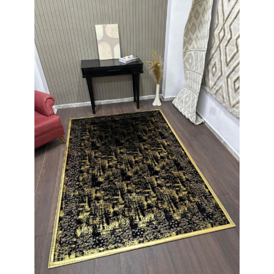 Luxury Black Suede Rug With Gold Glitter Laser Cut Geometric Pattern ...