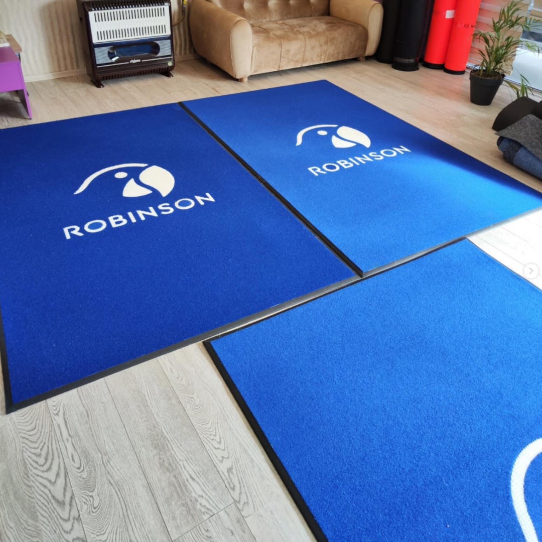 Modern Custom Logo Mat – Bold Blue Personalized Entrance Rug for Hotels ...