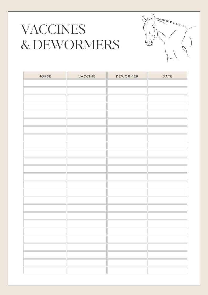 Horse Vaccine & Dewormer Tracker – Printable Equine Health Record ...
