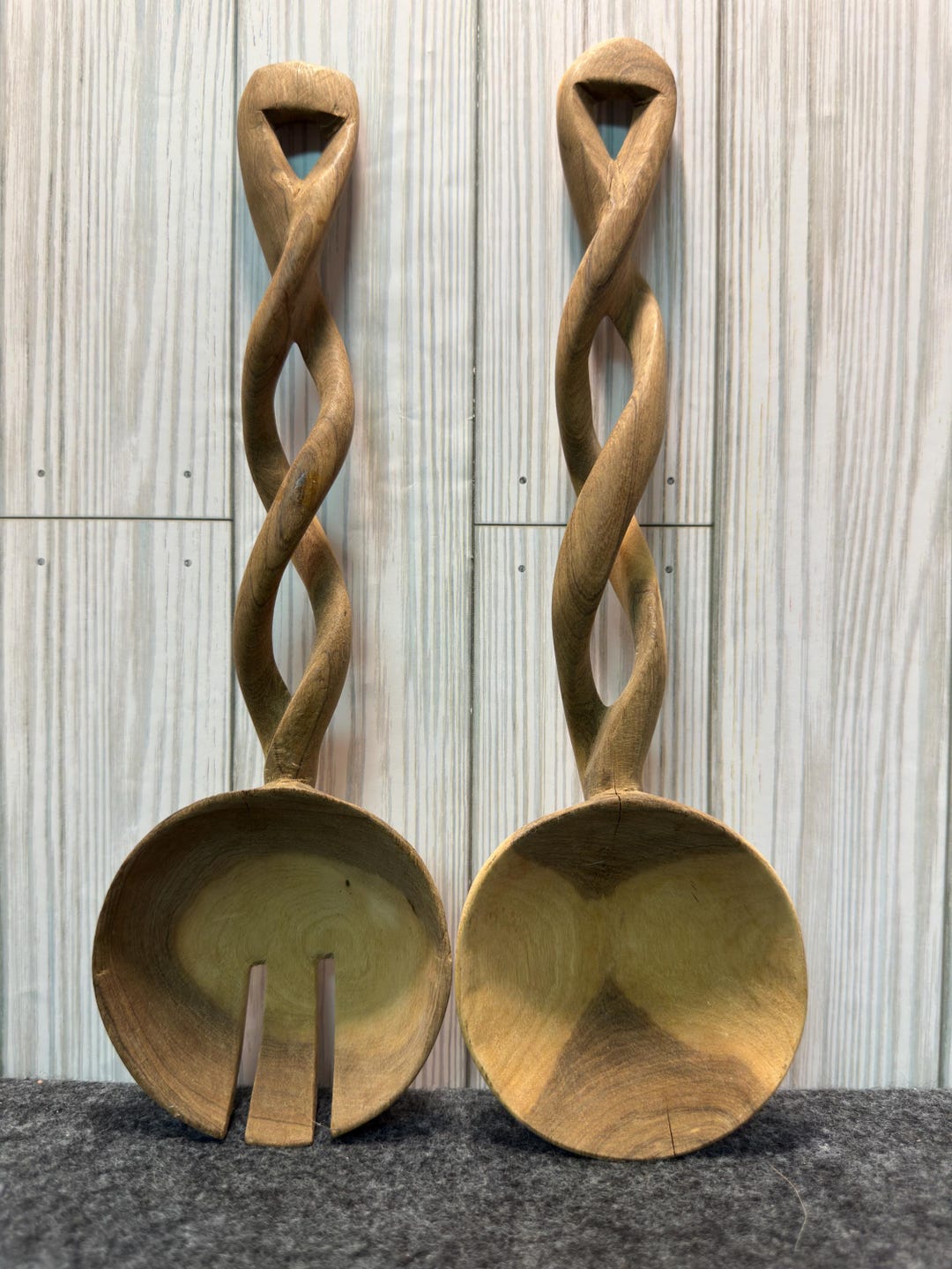 Hand Carved Olive Wood Barley Twist Salad Servers - Rustic Kitchen ...