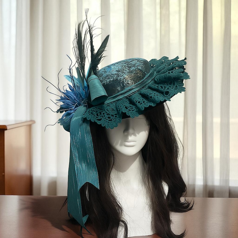 Peacock Feather Wide Brim Hat – Teal Lace Vintage Style Bonnet - Etsy