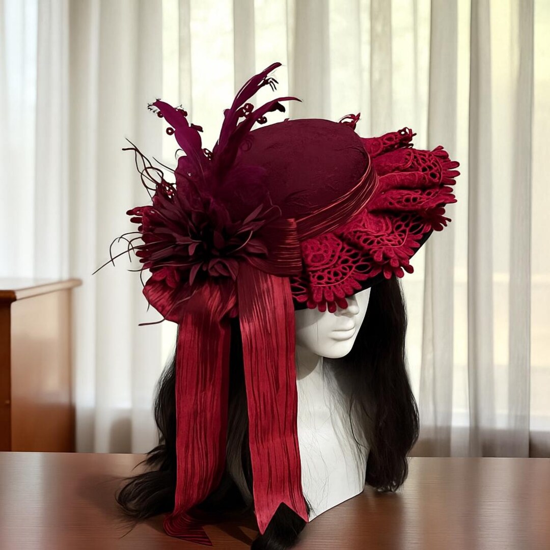 Deep Wine Feather Hat – Gothic Lolita Retro Wide Brim Hat With ...