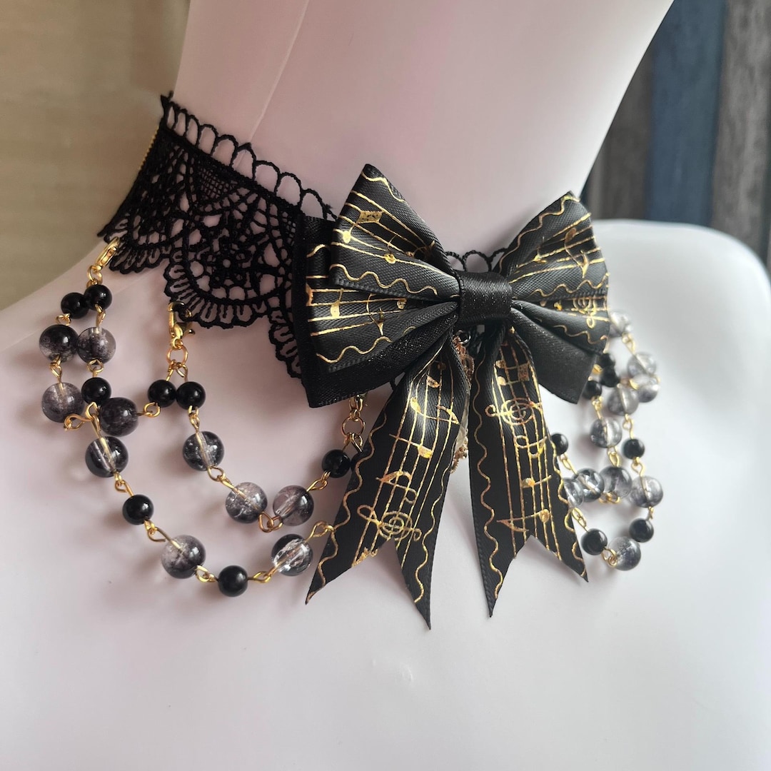 Gothic Lace Choker With Black Music Note Bow, Cameo Pendant and Beaded ...