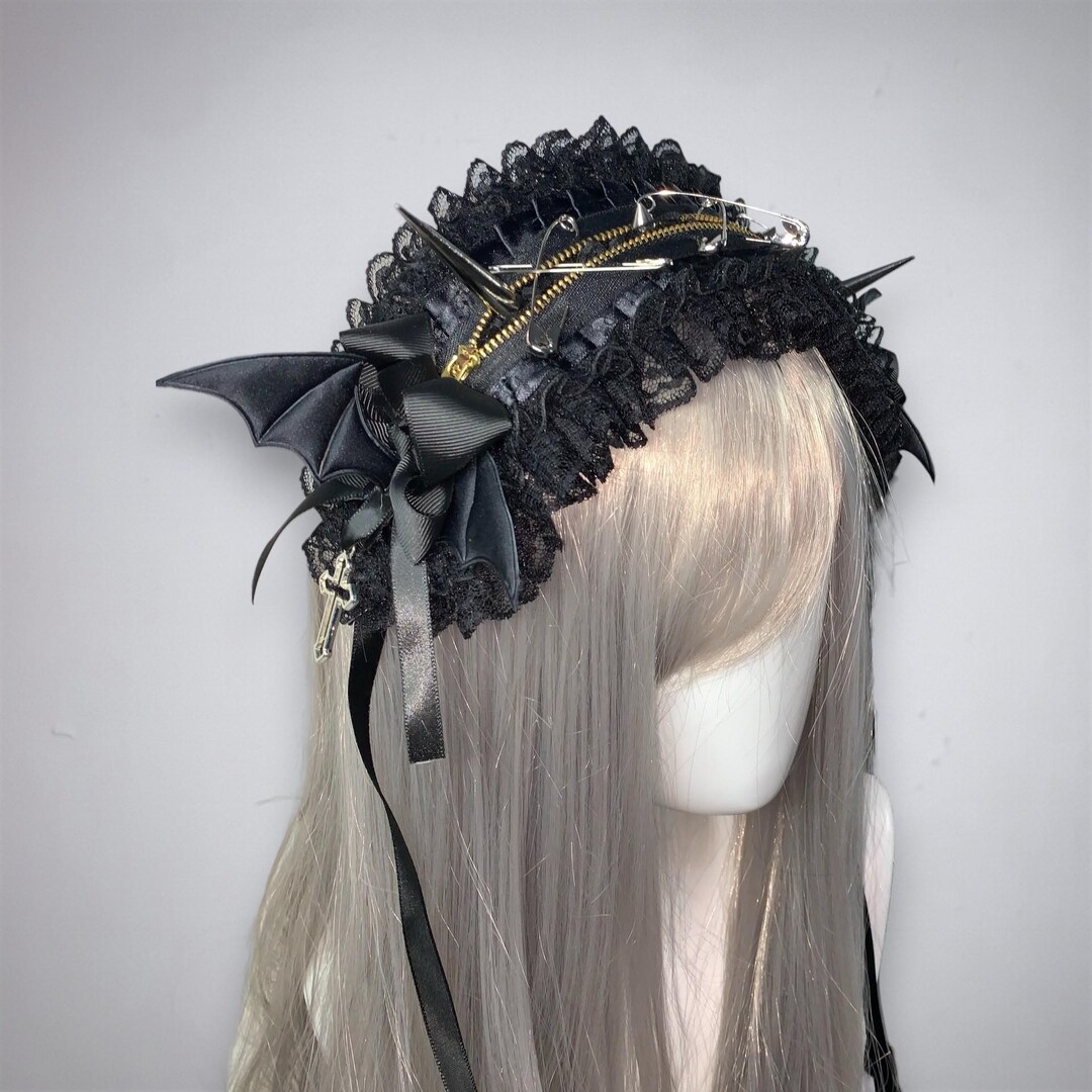 Handmade Gothic Punk Headband With Bat Wings, Metal Spikes, and Safety ...
