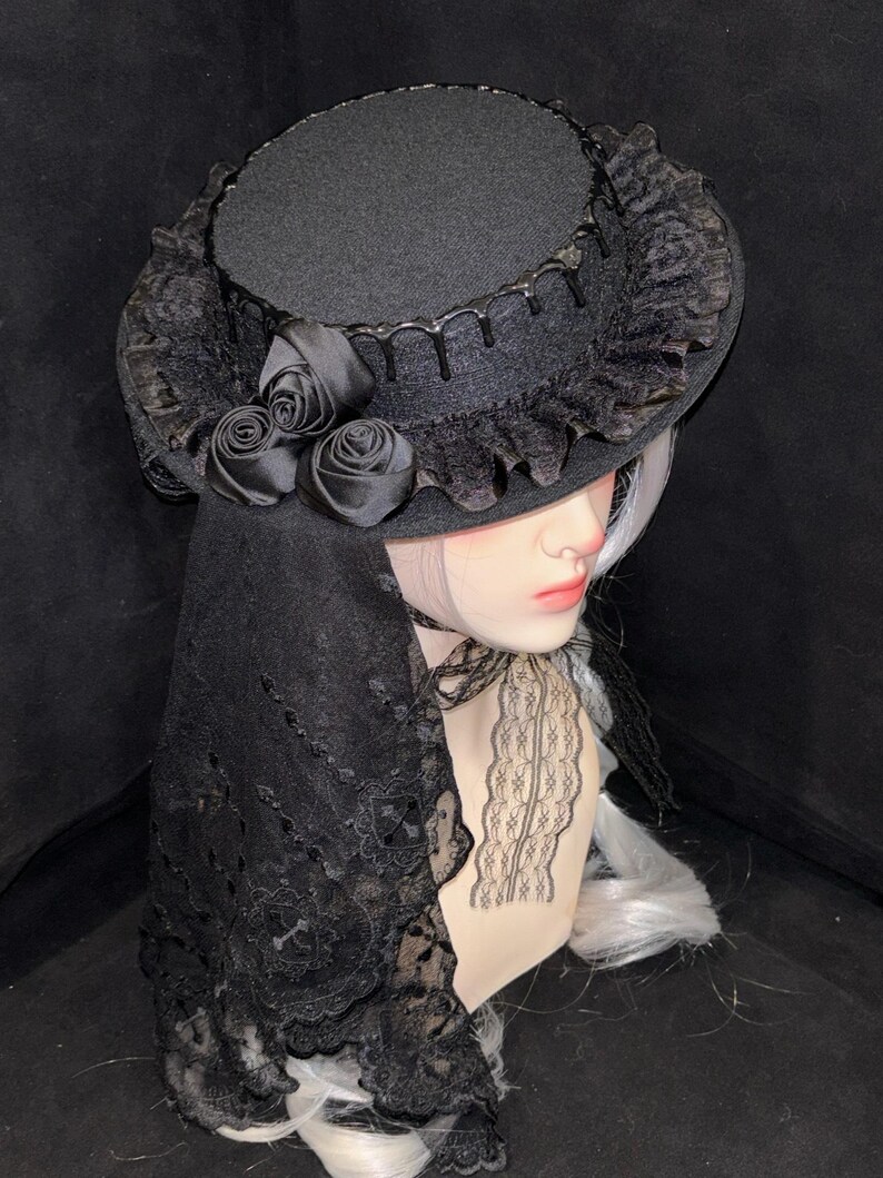 Vintage Flat-top Hat With Long Lace Veil and Satin Rose Accent - Etsy