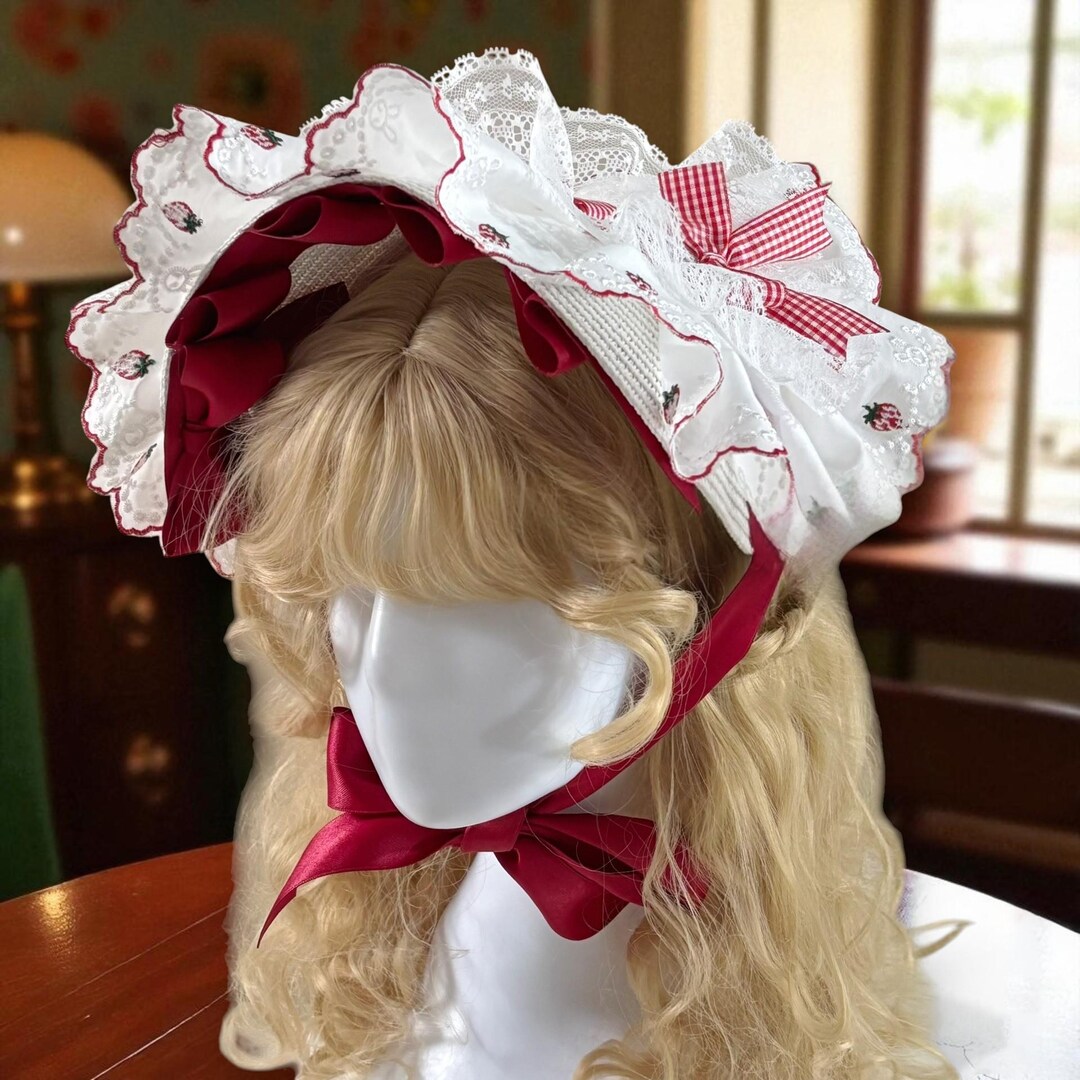 Strawberry Lolita Lace Bonnet, Cottagecore Wide Brim Hat, Kawaii Summer ...