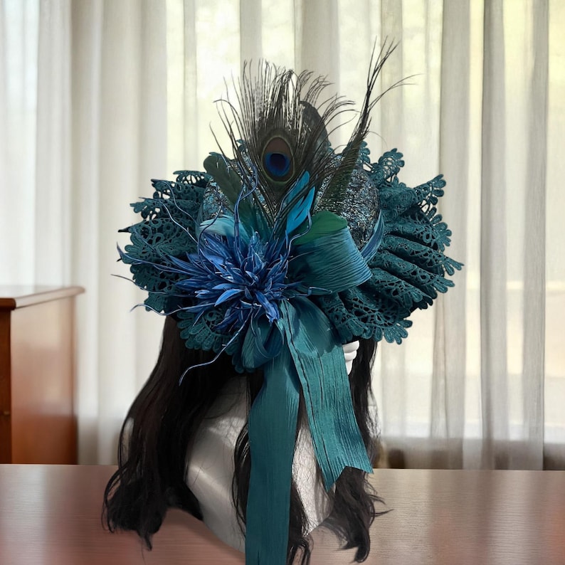 Peacock Feather Wide Brim Hat – Teal Lace Vintage Style Bonnet - Etsy